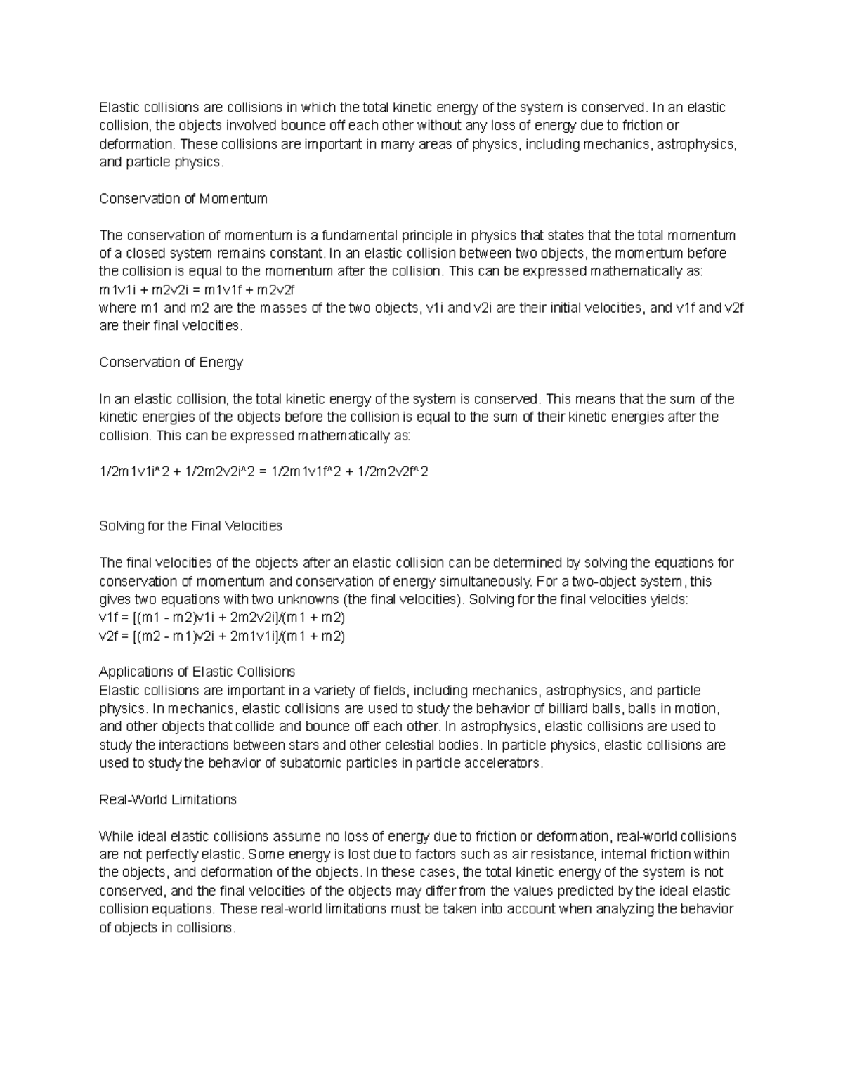 Elastic collisions notes - Elastic collisions are collisions in which ...