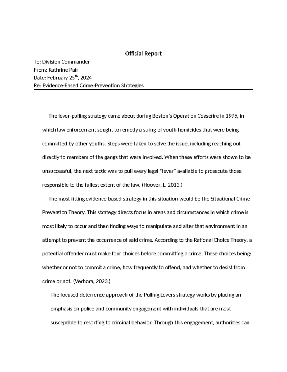 7-1 Project Two - Official Report To: Division Commander From: Kathrine ...