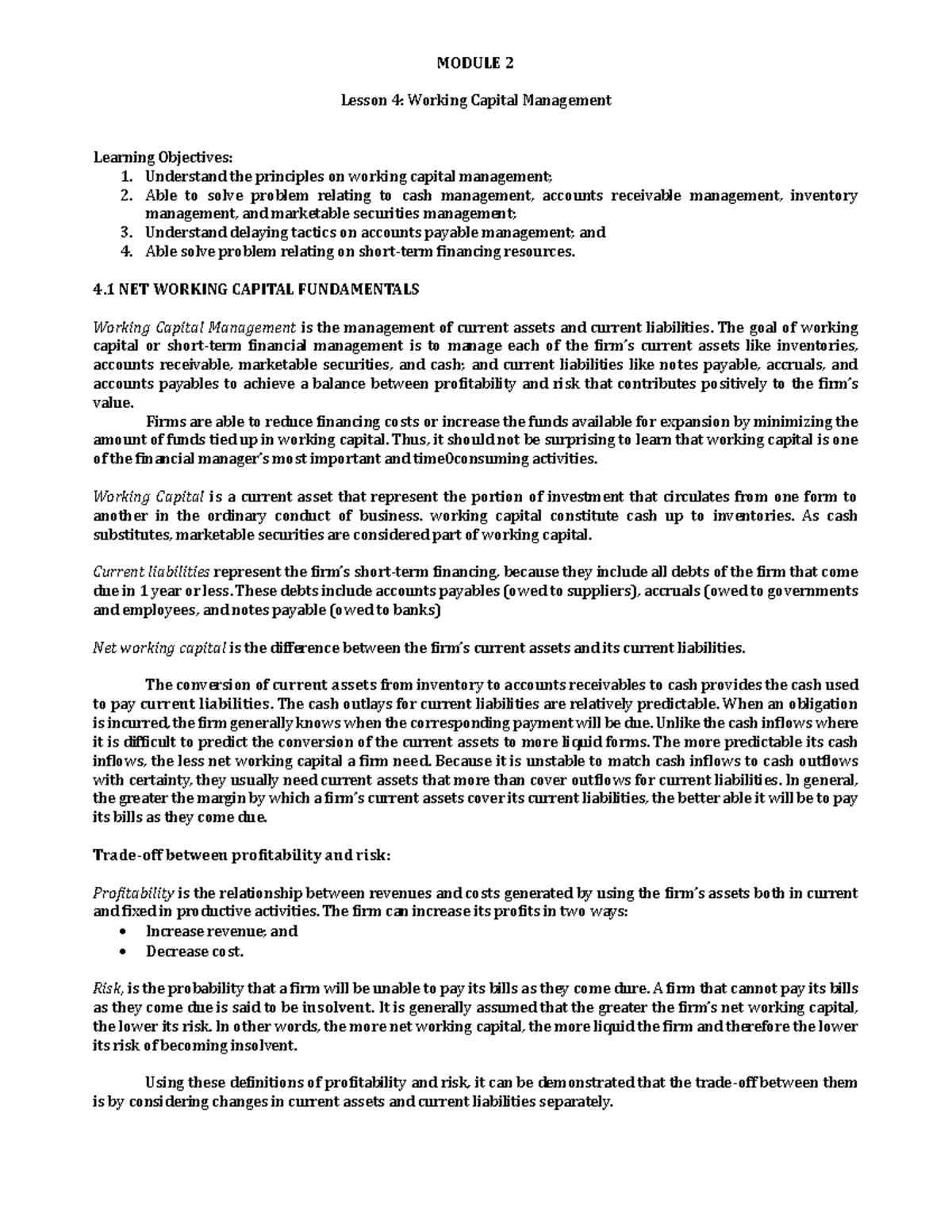 Lesson 4 Working Capital Mgt - MODULE 2 Lesson 4: Working Capital Management Learning Objectives ...