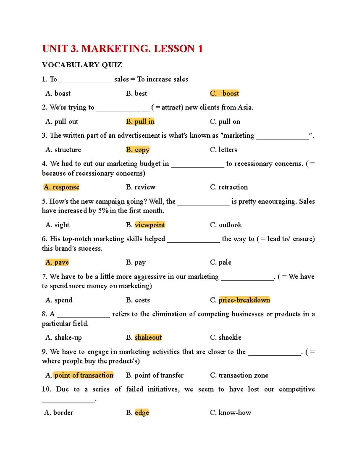 UNIT-3 Marketing Lesson-1-1 - UNIT 3. MARKETING. LESSON 1 VOCABULARY ...