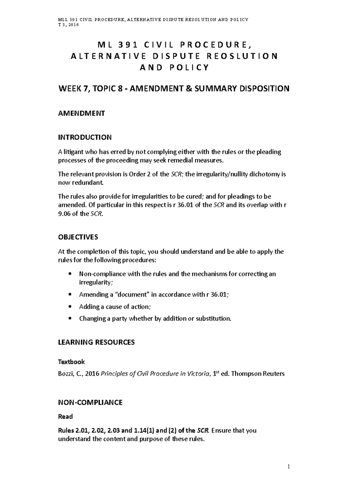Week 07 Study Guide MLL 391 Civil Procedure Topic 8, Amendment Summary ...