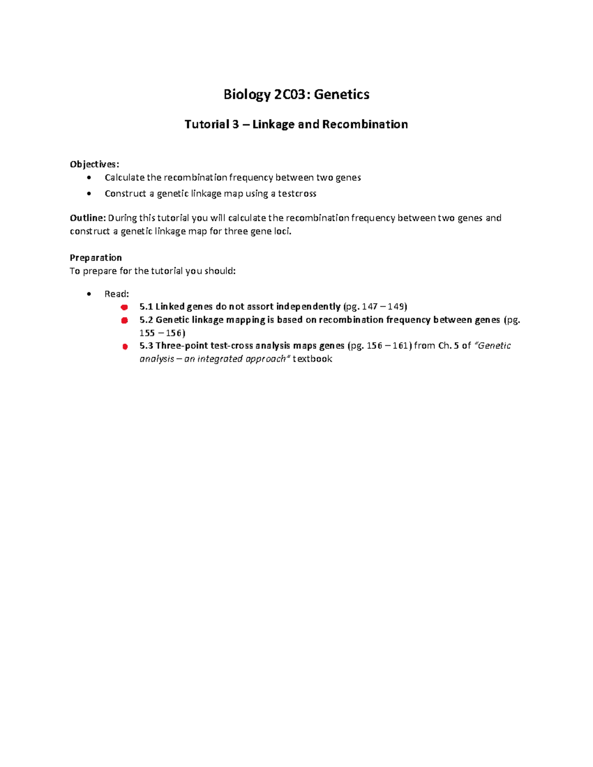 Tutorial 3 Linkage and recombination - Biology 2C03: Genetics Tutorial ...