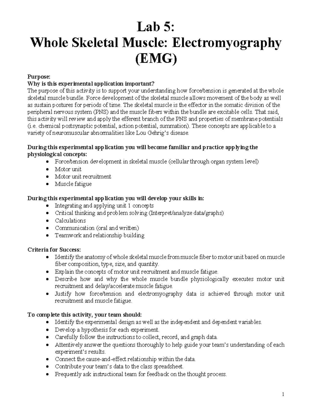 Lab 5 EMG Dr Lee - Lab 5: Whole Skeletal Muscle: Electromyography (EMG ...