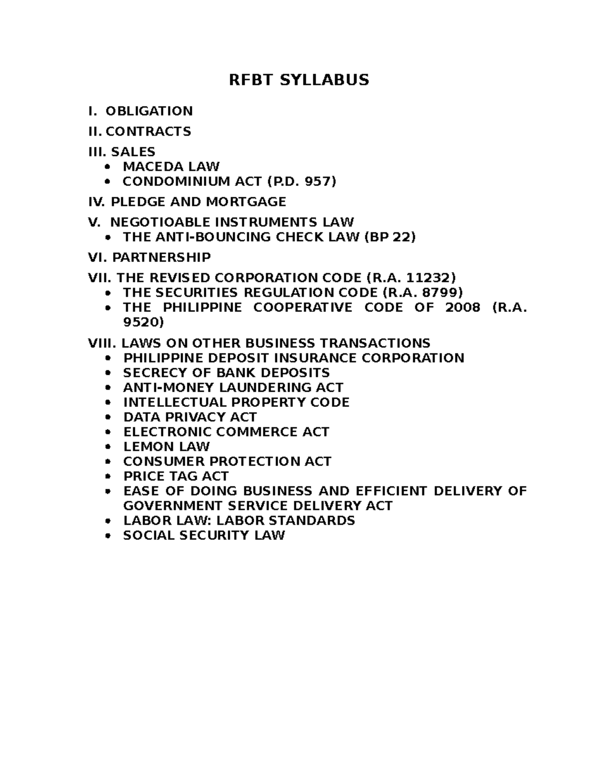 Syllabus - Law RFBT - RFBT SYLLABUS I. OBLIGATION II. CONTRACTS III. SALES MACEDA LAW - Studocu