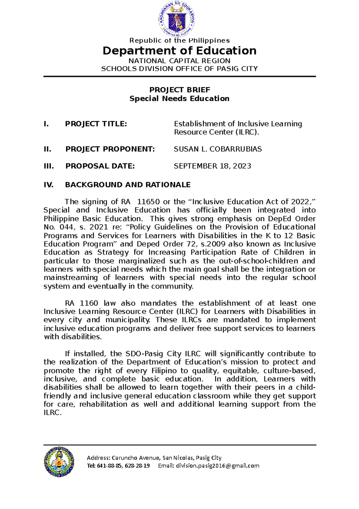 Proposal Project SEF - Republic of the Philippines Department of ...