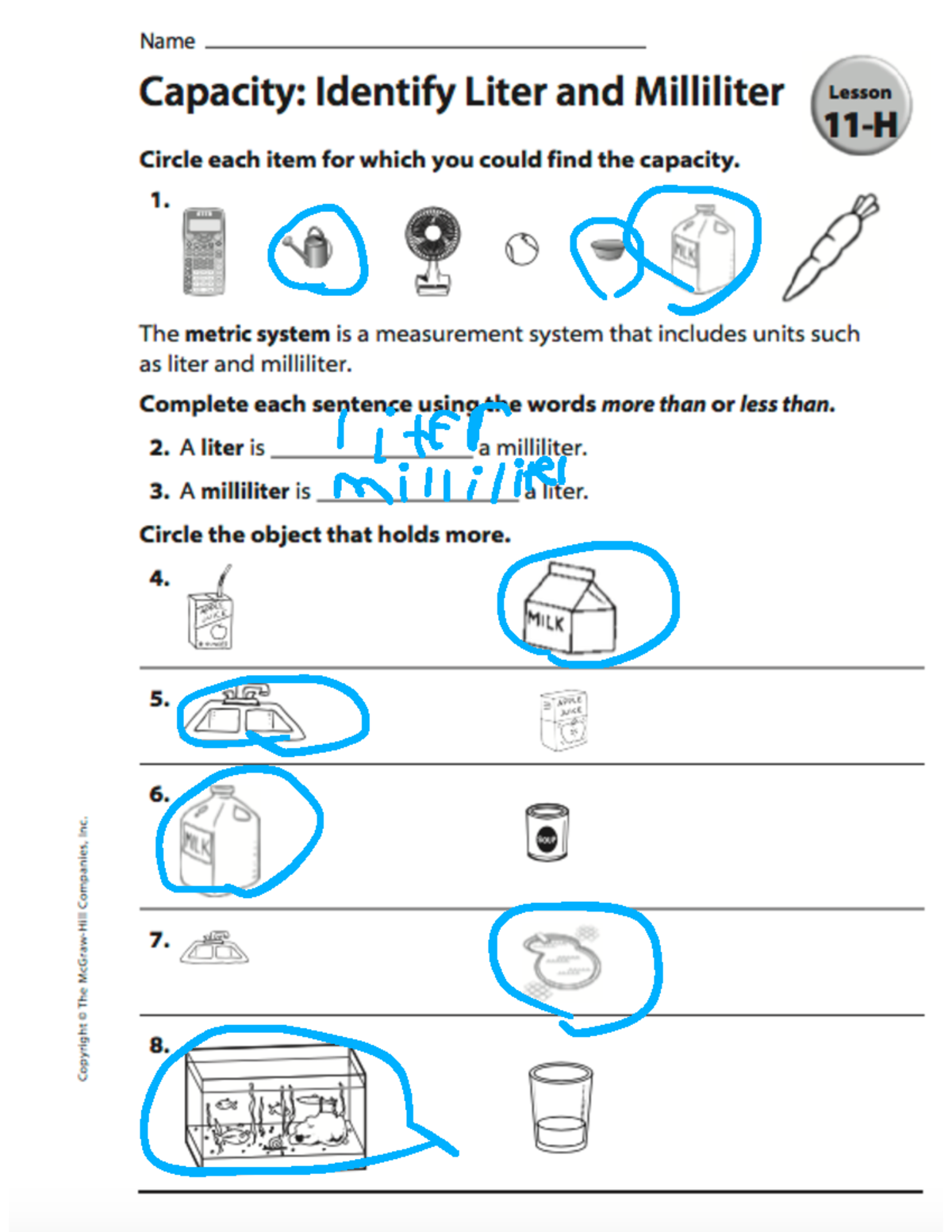 Edited - Liter and Milliliter - Name Capacity: Identify Liter and ...