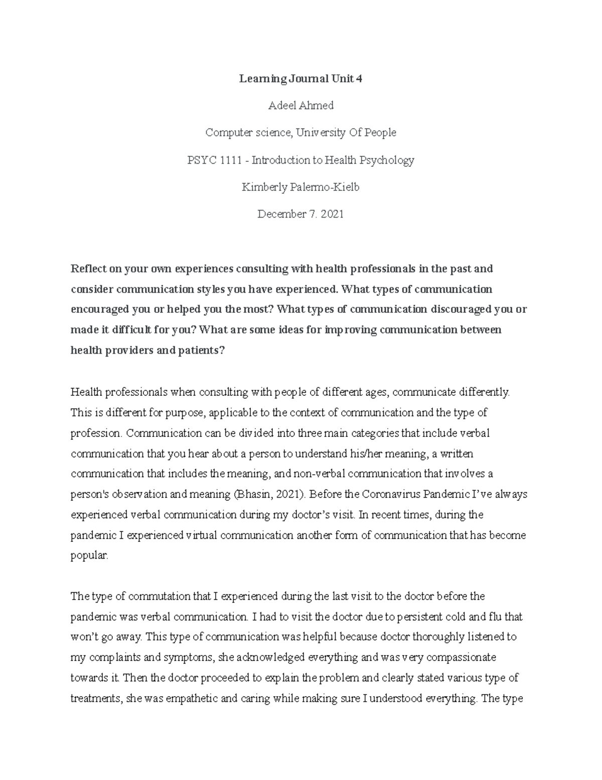 Learning Journal Unit 4 - 2021 Reflect on your own experiences ...