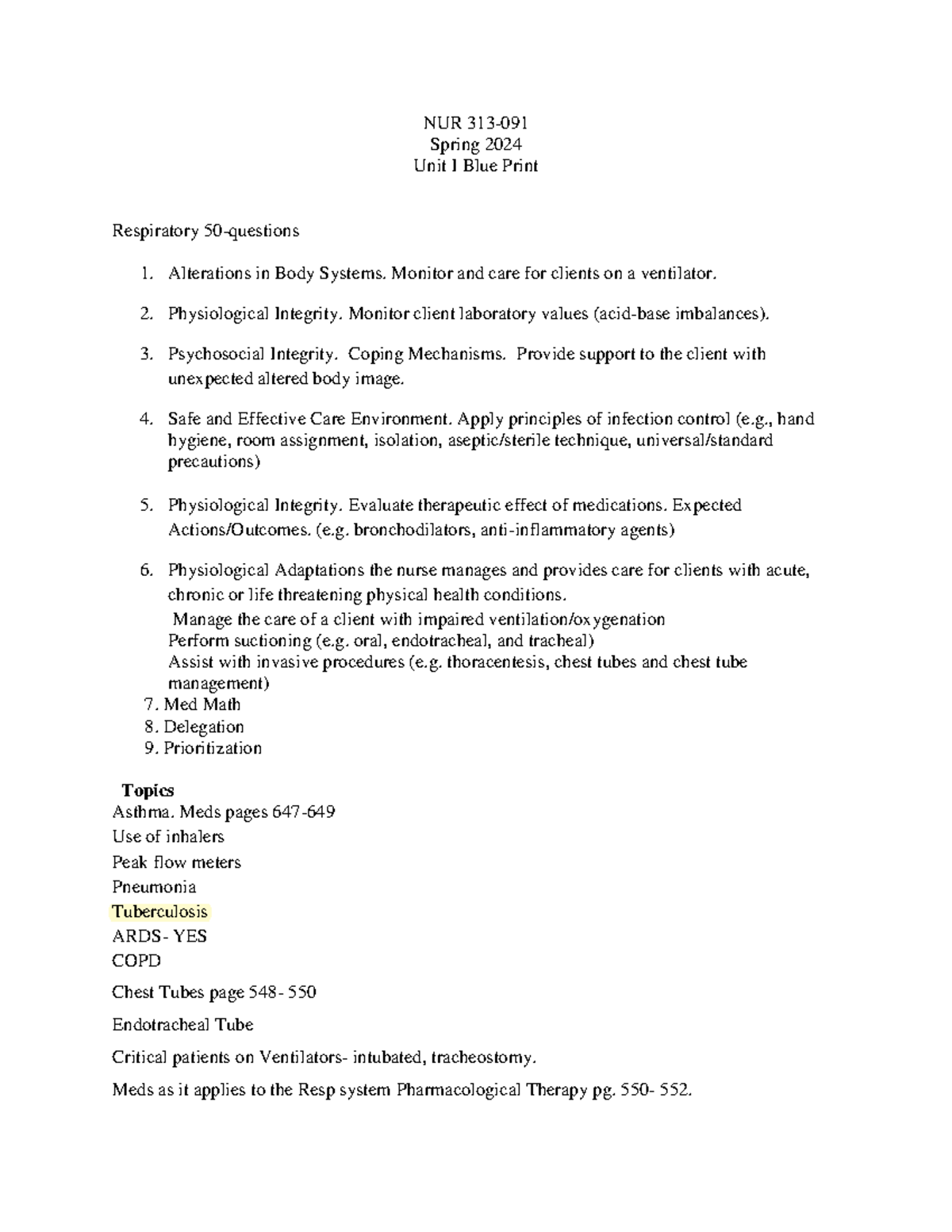 NUR 313 Unit I Blueprint Spring 2024 - NUR 313- Spring 2024 Unit I Blue ...