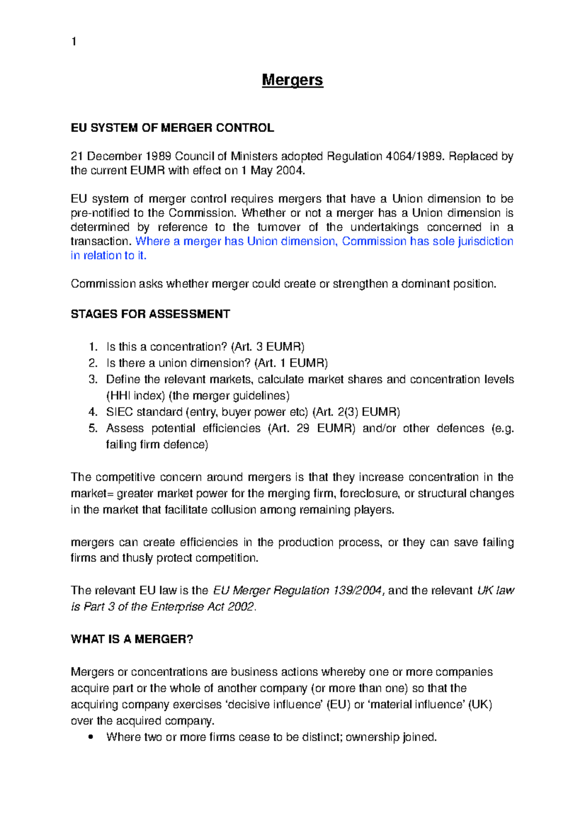 Mergers full notes - Mergers EU SYSTEM OF MERGER CONTROL 21 December ...
