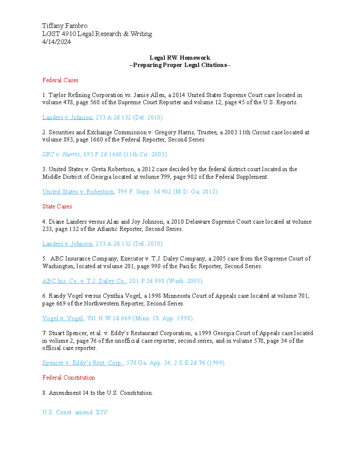 PARA 2205HW6 Legal Citation Exercises - Tiffany Fambro LGST 4910 Legal ...