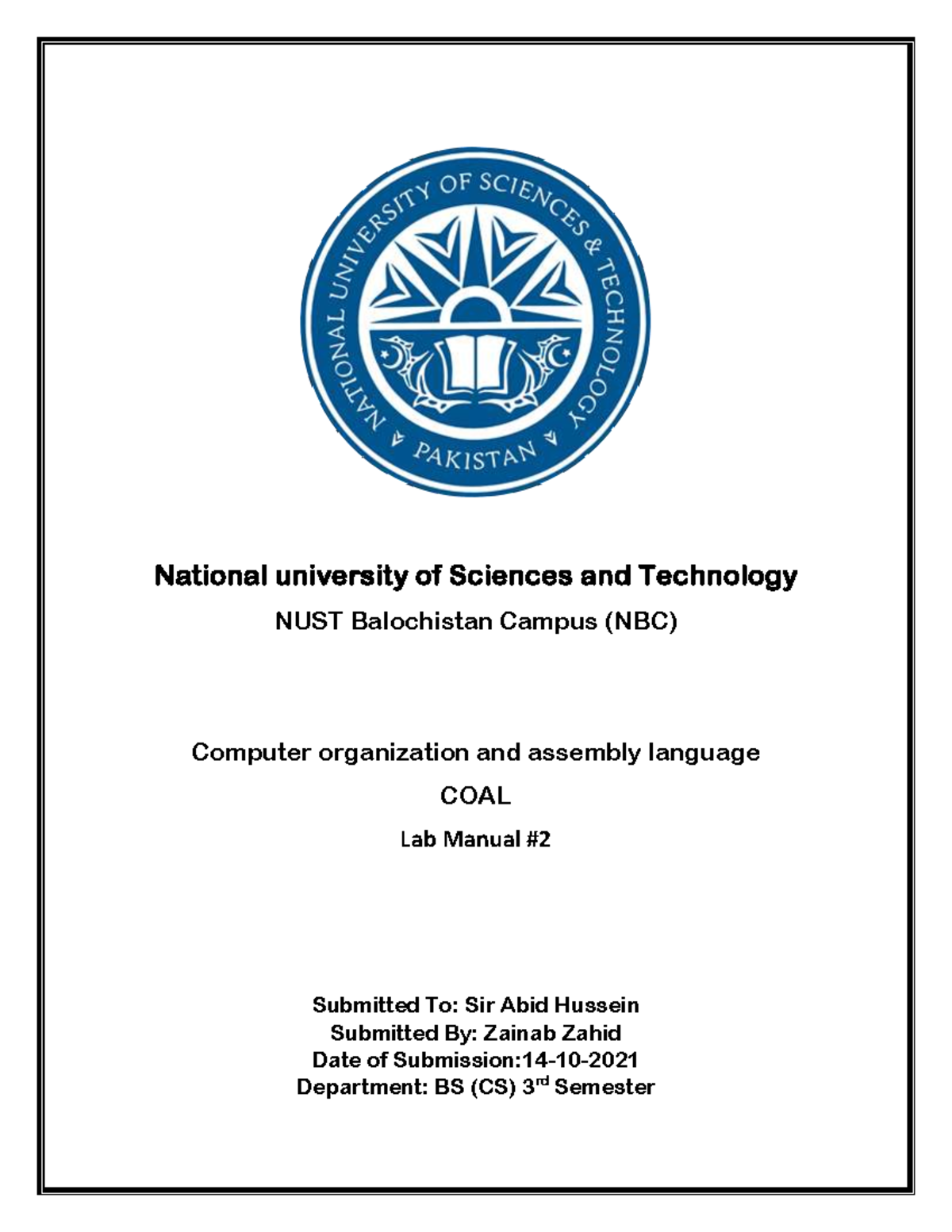 Coal lab manual 2 - National university of Sciences and Technology NUST Balochistan Campus (NBC ...