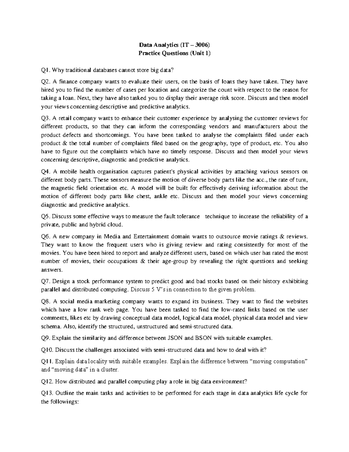 4 Da Practice Questions Unit 1 Data Analytics It 3006 Practice Questions Unit 1 Q1