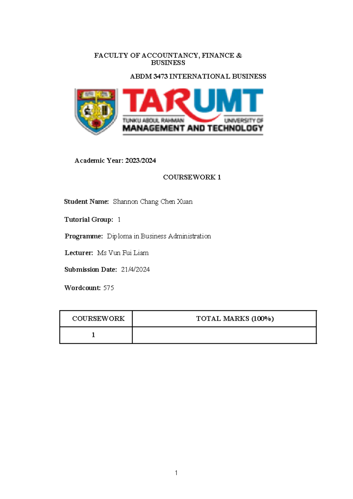 IB Indiv - FACULTY OF ACCOUNTANCY, FINANCE & BUSINESS ABDM 3473 ...