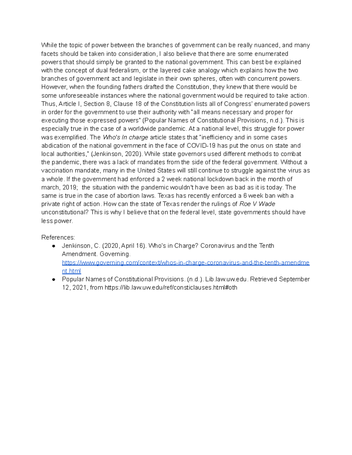 American. Gov unit 2 discussion post - While the topic of power between ...