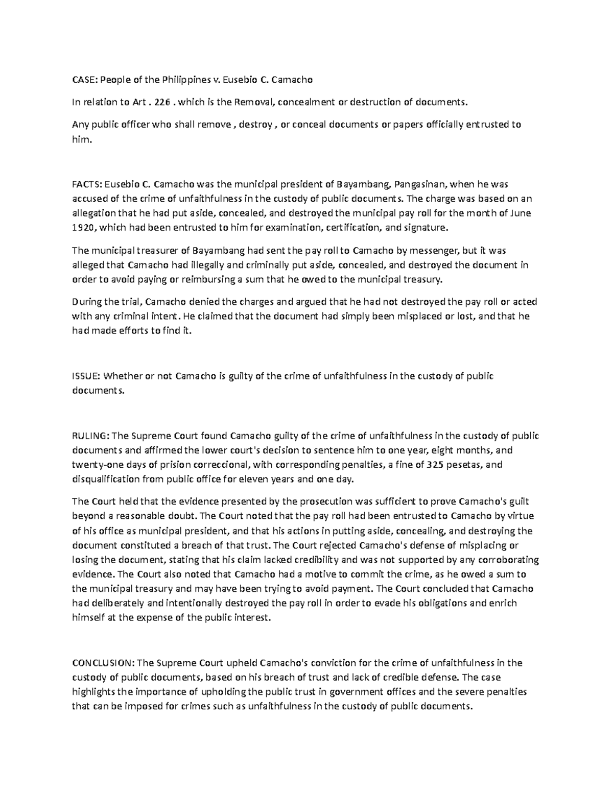 Article-226 - Crim 2- Case Digest in relation to Art. 226 of the RPC ...