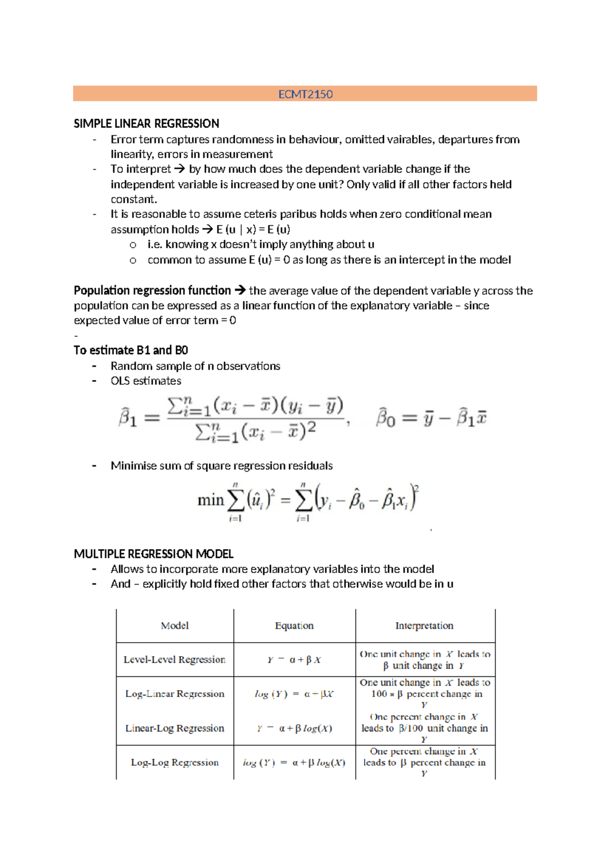 Ecmt2150 Exam Misdem Notes Ecmt Simple Linear Regression Error Term Captures Randomness In