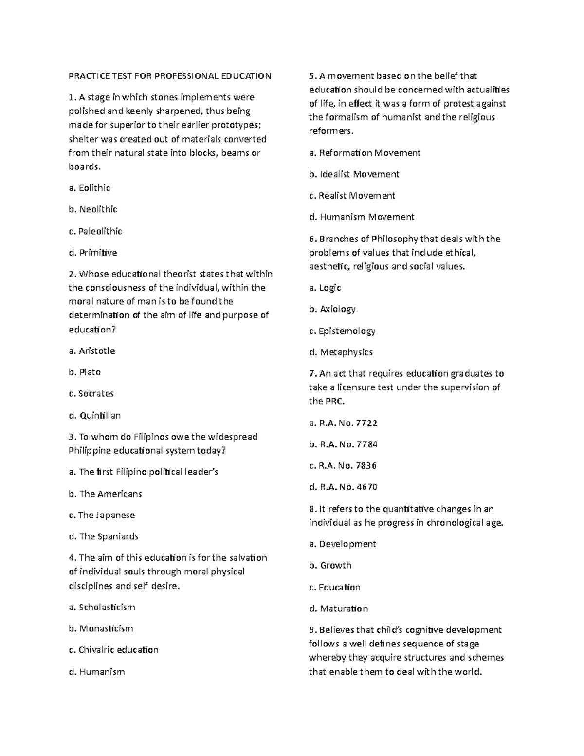 Profed 3 - reviewer let - PRACTICE TEST FOR PROFESSIONAL EDUCATION A ...