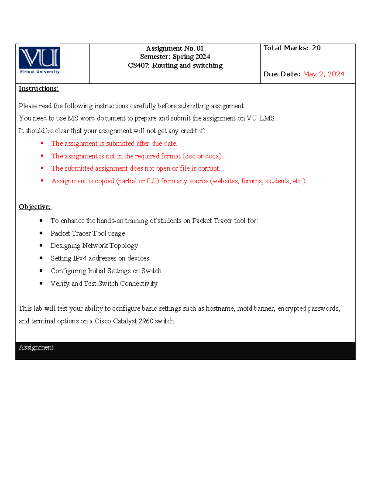 Spring 2024 CS407 1 - Assignment No. 01 Semester: Spring 2024 CS407: Routing and switching Total ...