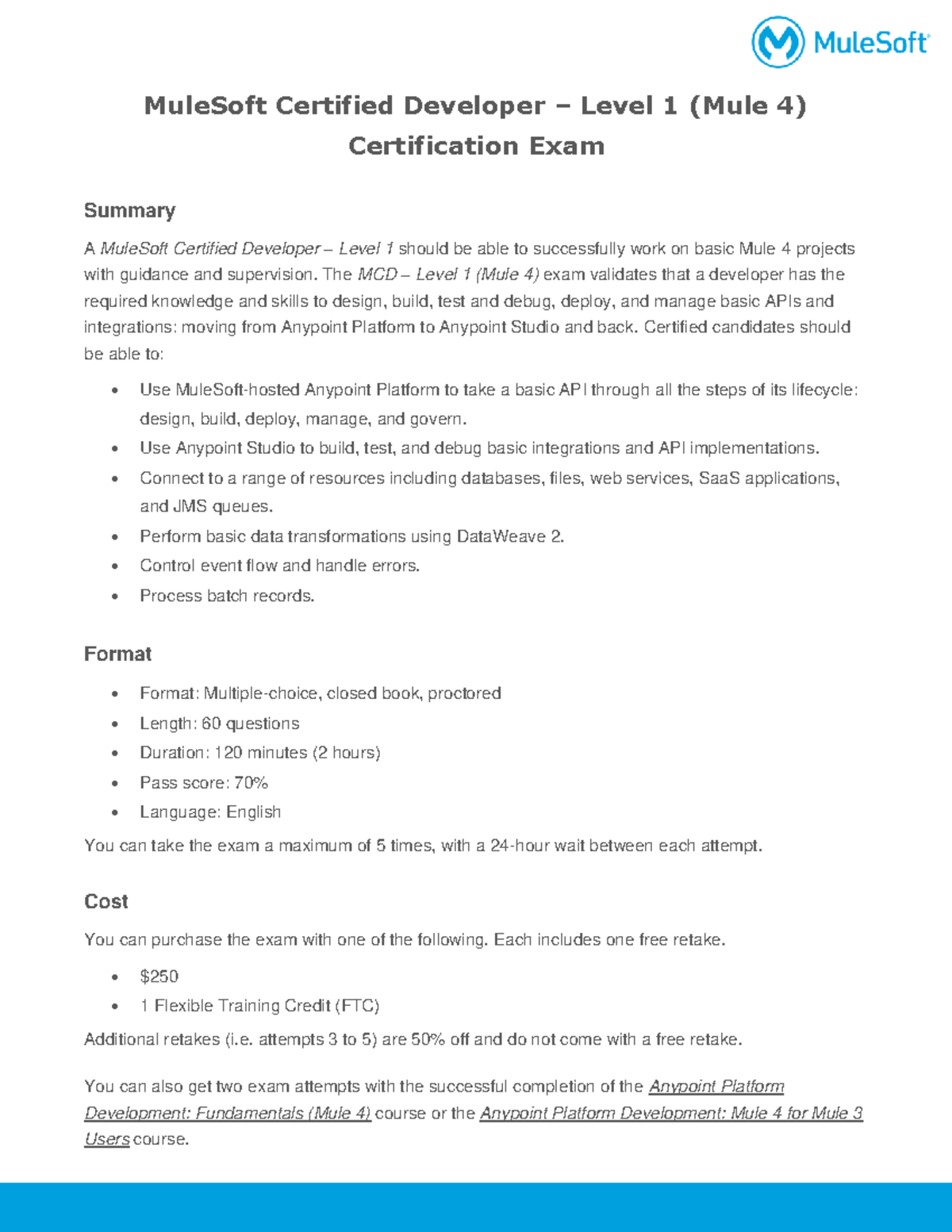 MCD level 1 datasheet - MuleSoft Certified Developer – Level 1 (Mule 4) Certification Exam ...