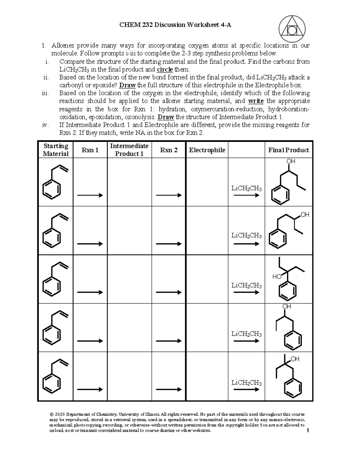 Disc Worksheet Unit 4-A sSummer Version - CHEM 232 Discussion Worksheet ...