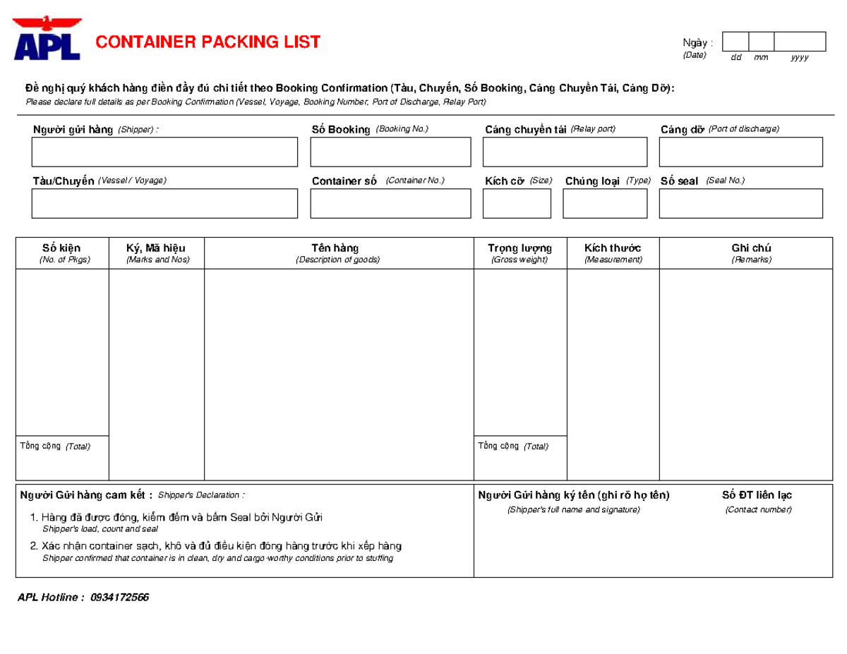 APL - sss - CONTAINER PACKING LIST Ngày : (Booking No.) (Date) Ng±ßi ...