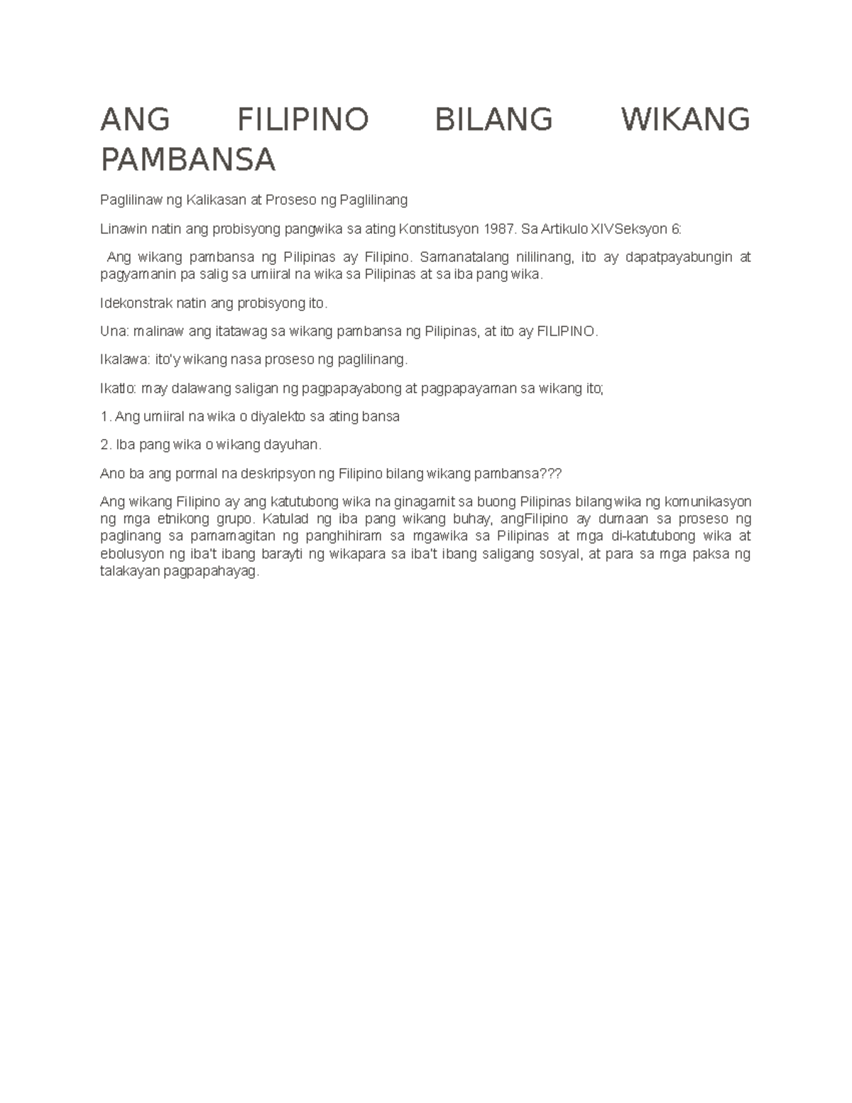 ANG Filipino Bilang Wikang Pambansa - ANG FILIPINO BILANG WIKANG PAMBANSA Paglilinaw ng ...