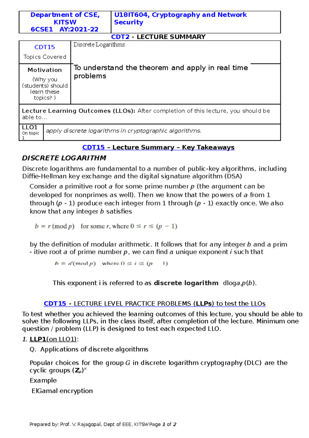 CNS 15 Summary 6IT 2022-23 - Department of CSE, KITSW 6CSE1 AY:2021- U18IT604, Cryptography and ...