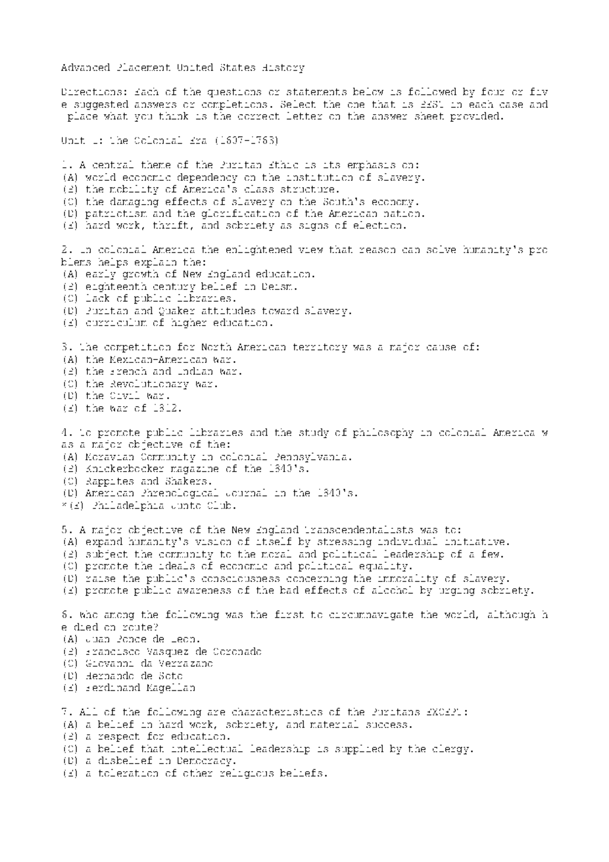 37303624 200 Apush Questions by Unit - Advanced Placement United States ...