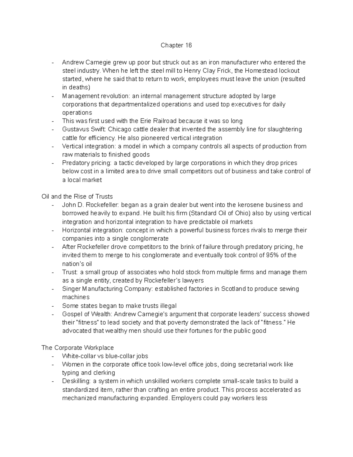 Apush Notes Chapter 16-18 - Chapter 16 Andrew Carnegie grew up poor but ...