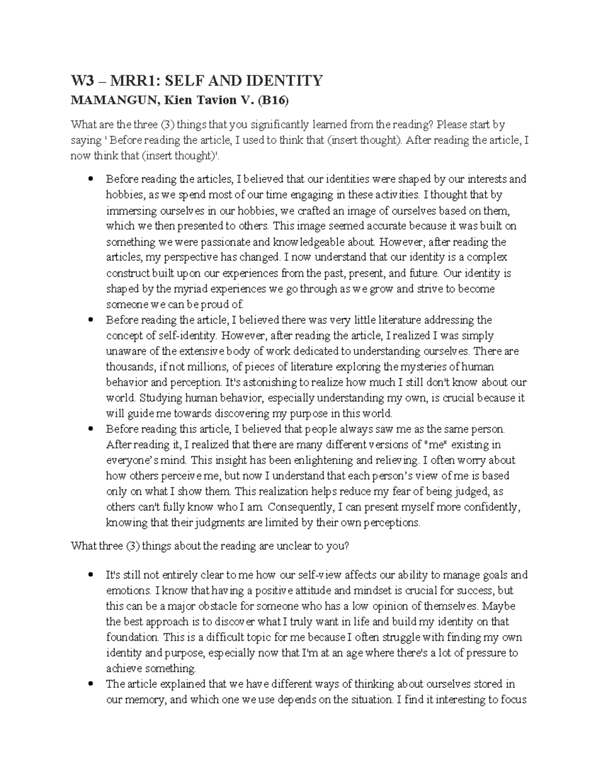 MRR1 - Mrr1 activity - W3 – MRR1: SELF AND IDENTITY MAMANGUN, Kien Tavion V. (B16) What are the ...