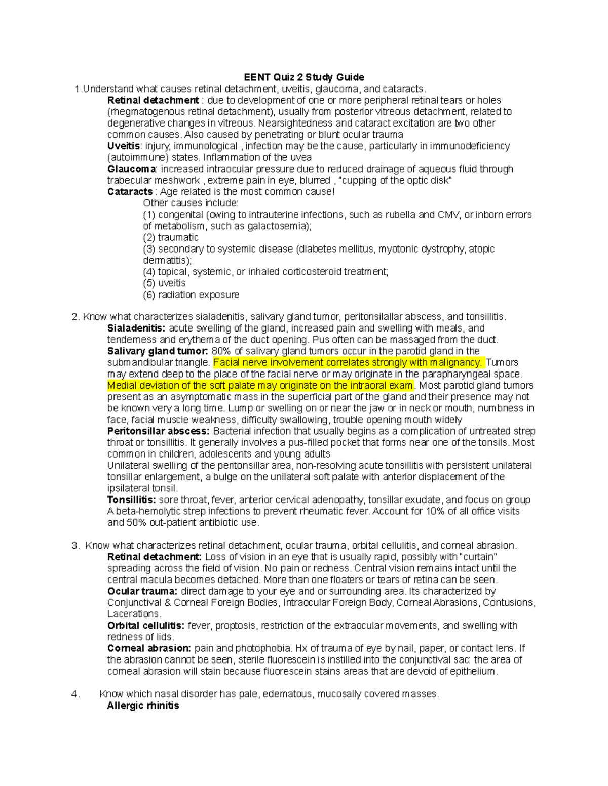 EENT Quiz 2 Study Guide - EENT - EENT Quiz 2 Study Guide 1 what causes ...