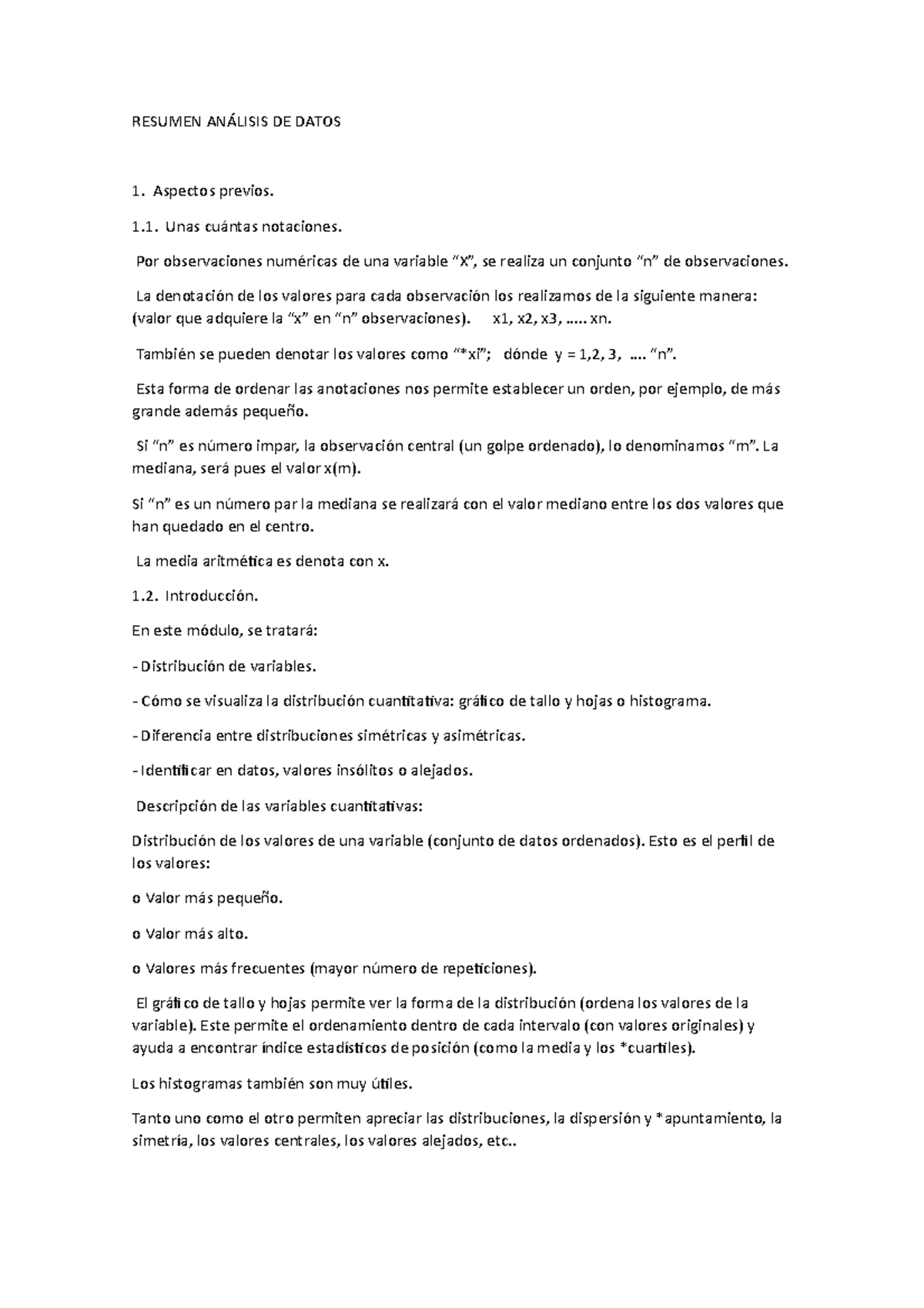 Resumen ANÁ Lisis DE Datos - RESUMEN ANÁLISIS DE DATOS Aspectos previos. Unas cuántas notaciones ...