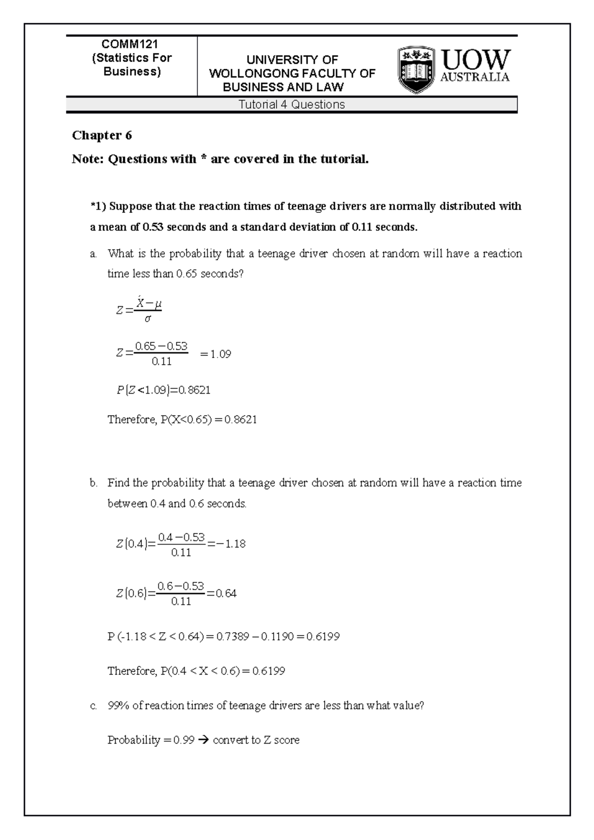 Stats Tutorial 4 Questions - COMM (Statistics For Business) UNIVERSITY ...
