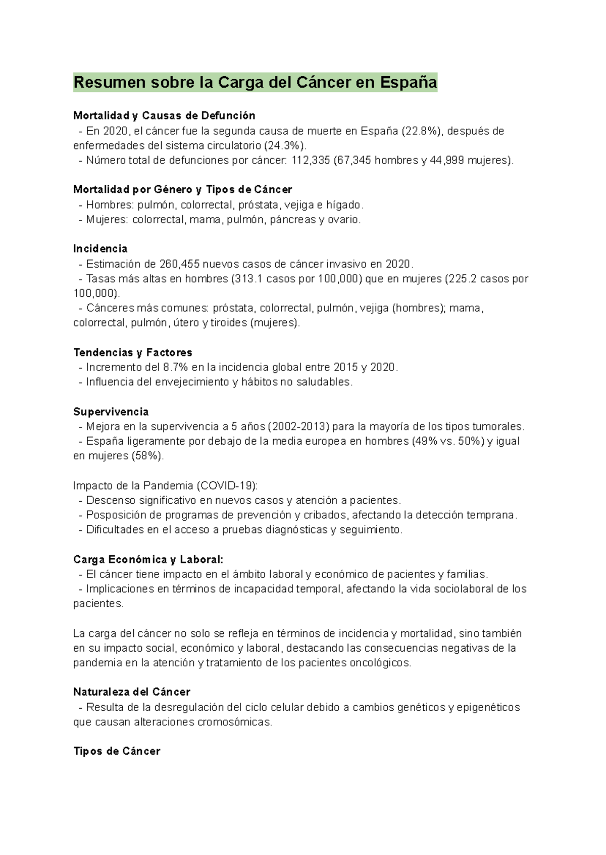 Genetica documento cancer - Resumen sobre la Carga del Cáncer en España ...