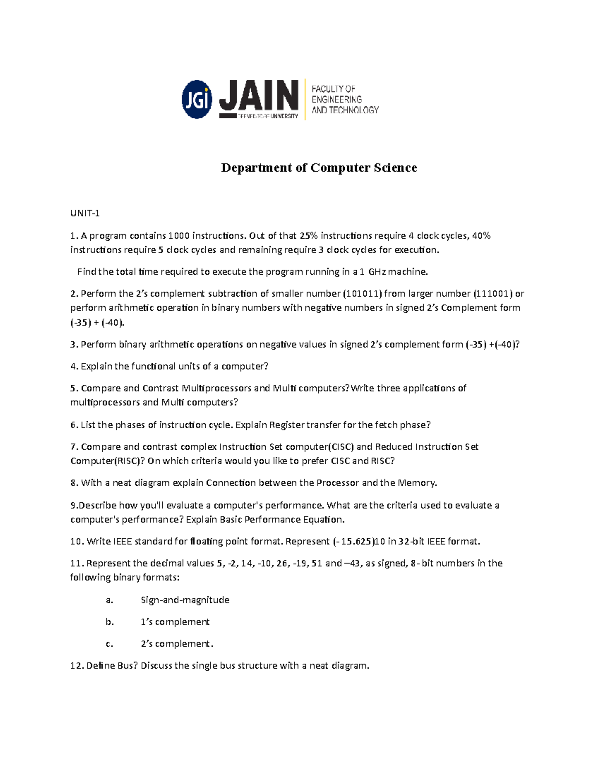 Computer Organization QN bank - Department of Computer Science UNIT- A ...