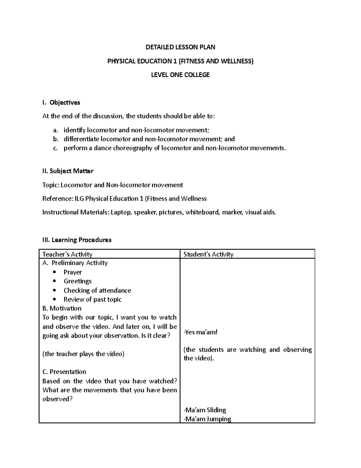 Loco and Non-loco - none - DETAILED LESSON PLAN PHYSICAL EDUCATION 1 ...