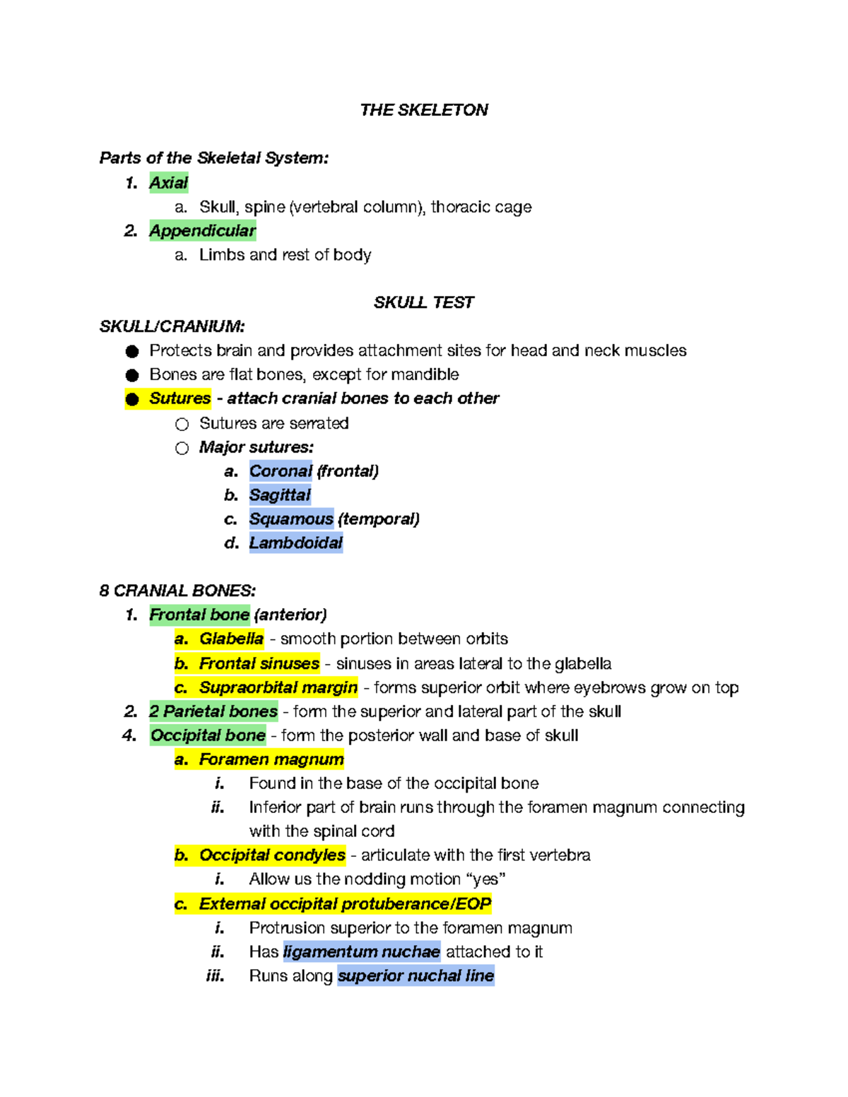 The Skeleton - Anatomy Lecture Notes - THE SKELETON Parts of the ...