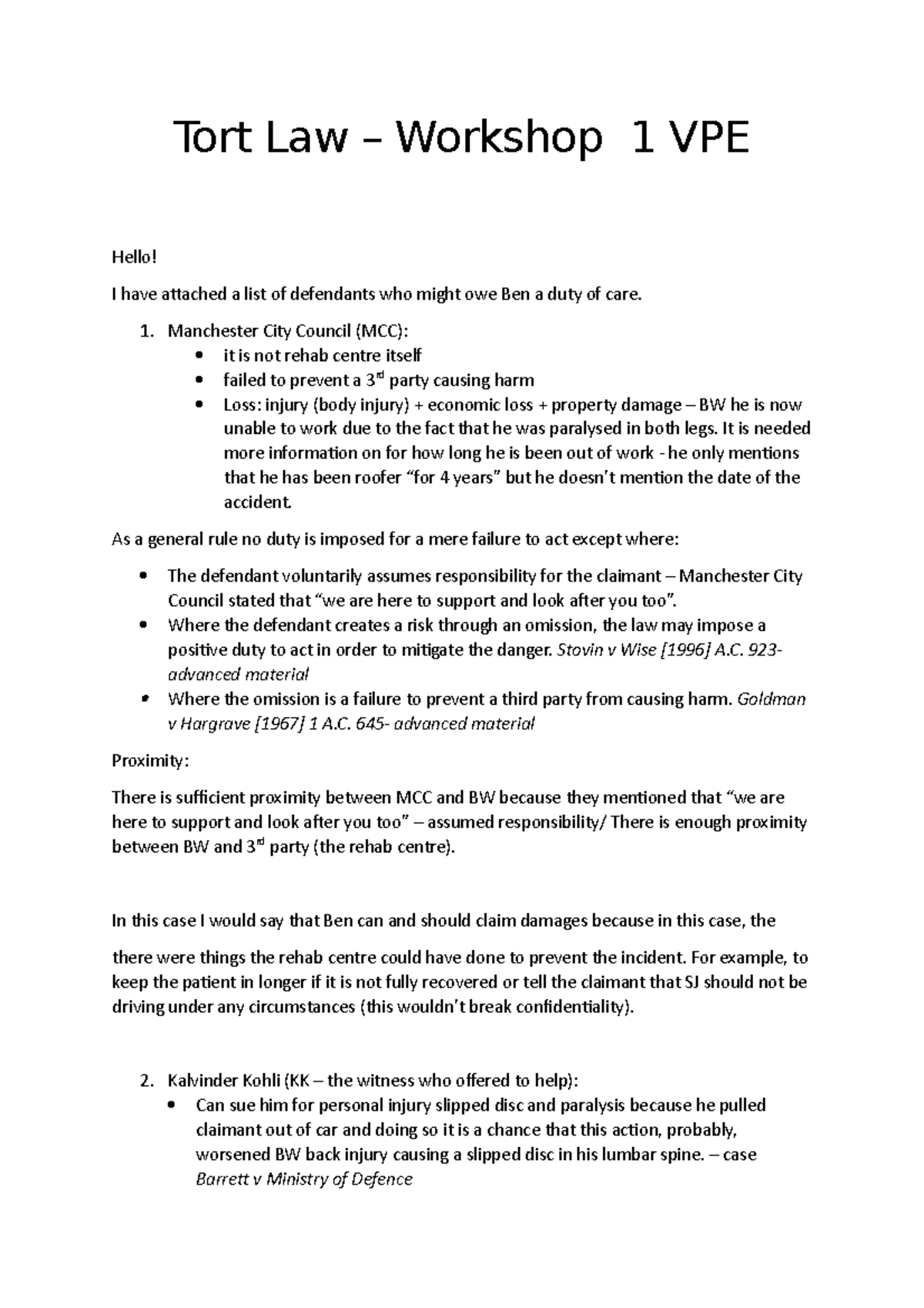 Tort Law solved workshop 1 Task - Tort Law – Workshop 1 VPE Hello! I ...