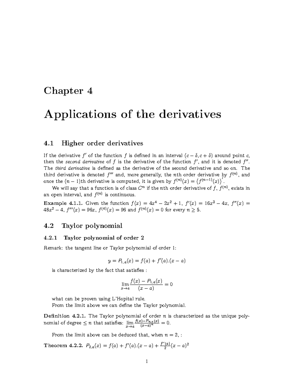 Mathematics I EN chapter 4 - Chapter 4 Applications of the derivatives 4 Higher order ...