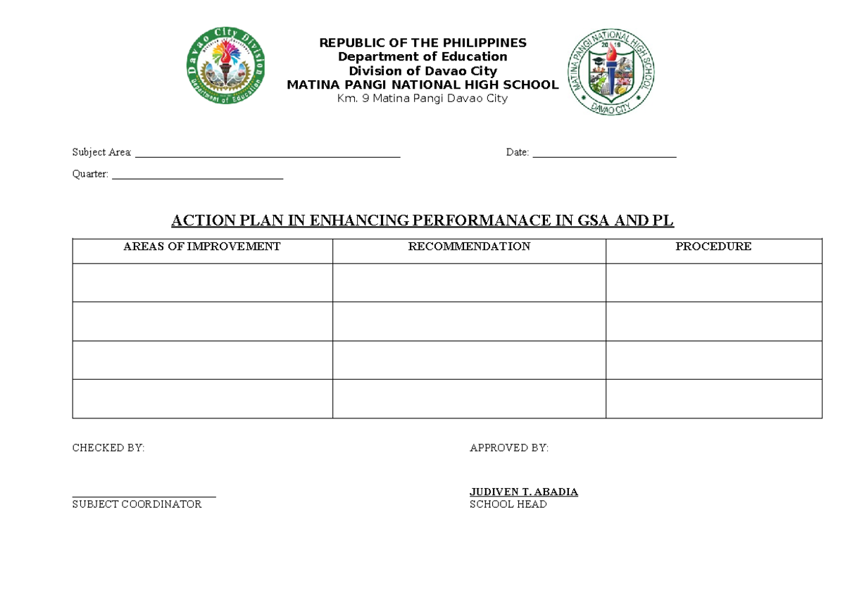 Action PLAN - Short test in TLE - REPUBLIC OF THE PHILIPPINES ...