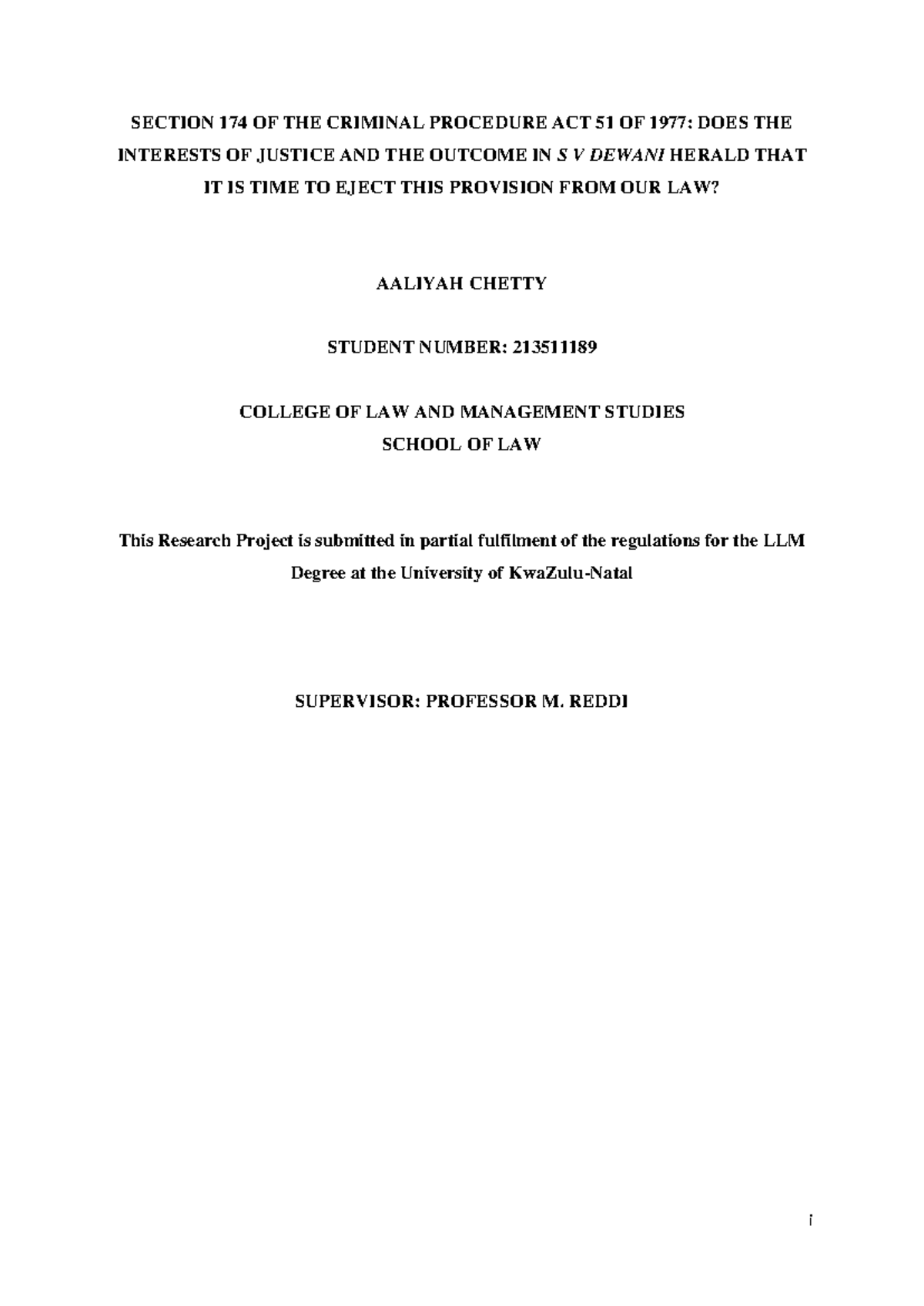 Chetty Aaliyah 2018 - Book - i SECTION 174 OF THE CRIMINAL PROCEDURE ...