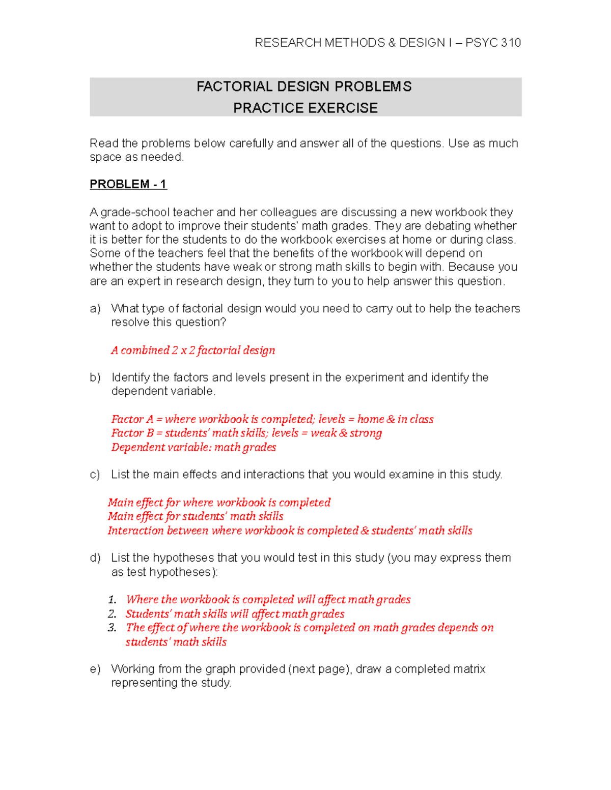 Factorial Design Problems - Practice Exercise - Answer Sheet ...