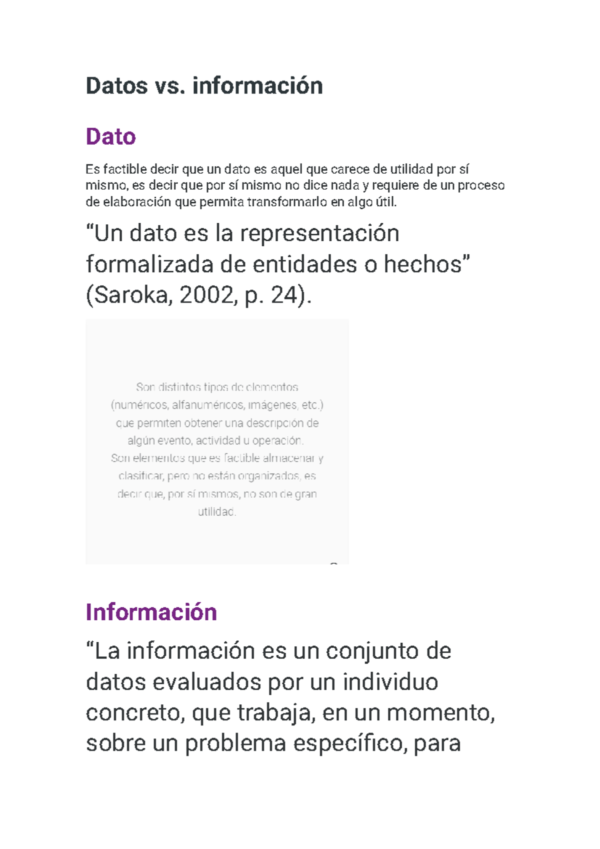 Sistema de informacion M2 - Datos vs. información Dato Es factible ...
