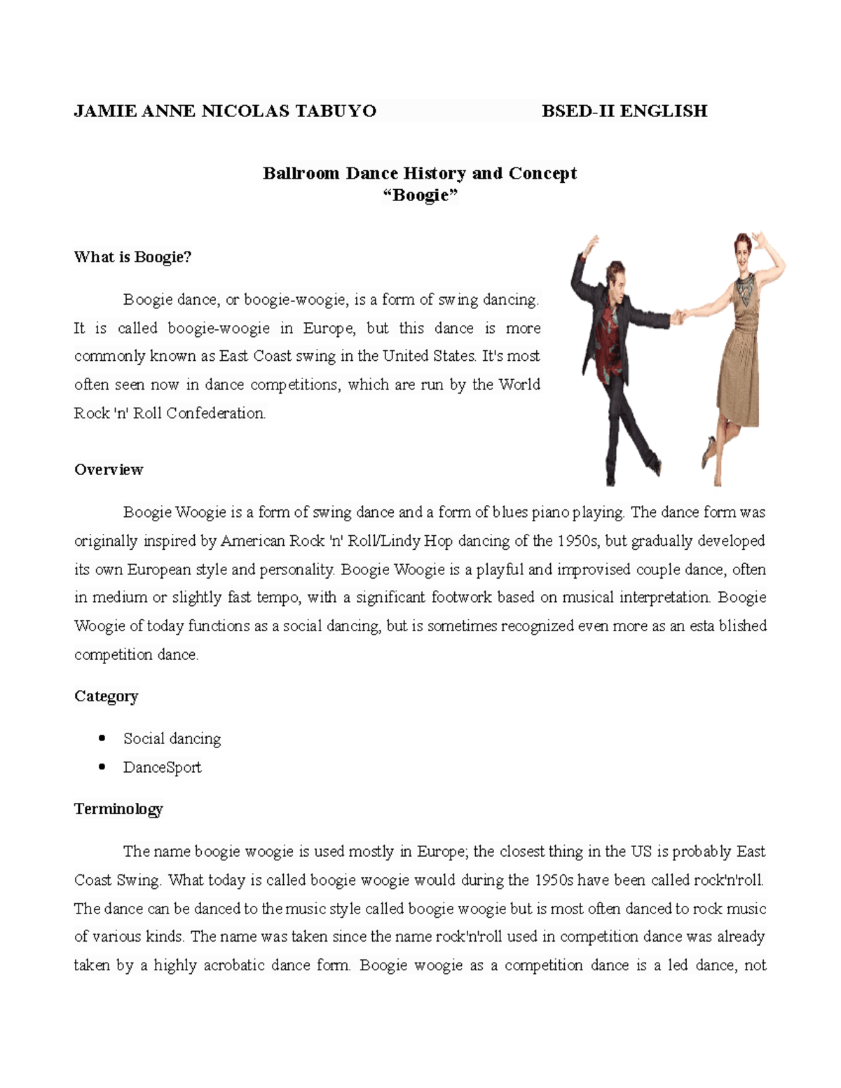 Boogie Dance History and Concept - JAMIE ANNE NICOLAS TABUYO BSED-II ...