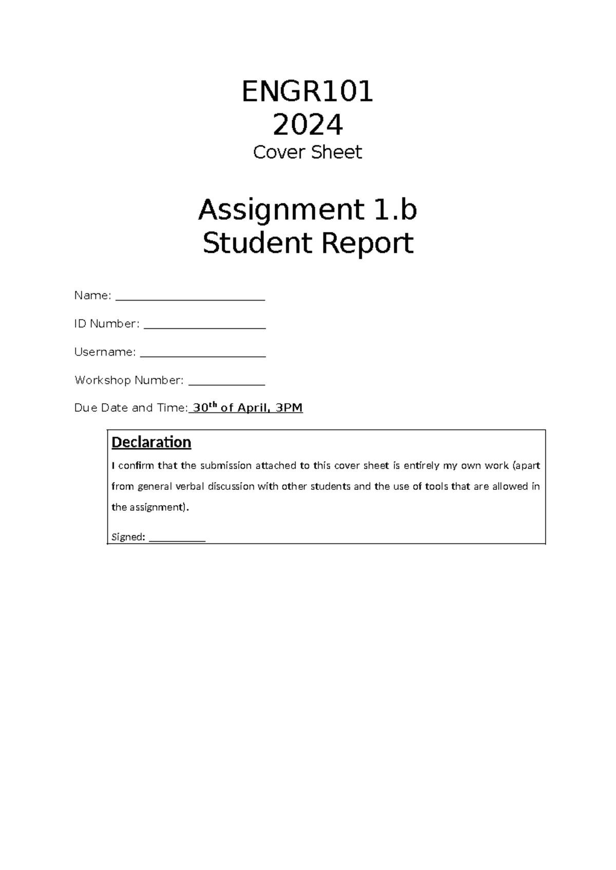 2024 ENGR101 Assignment 1b Template - ENGR 2024 Cover Sheet Assignment ...