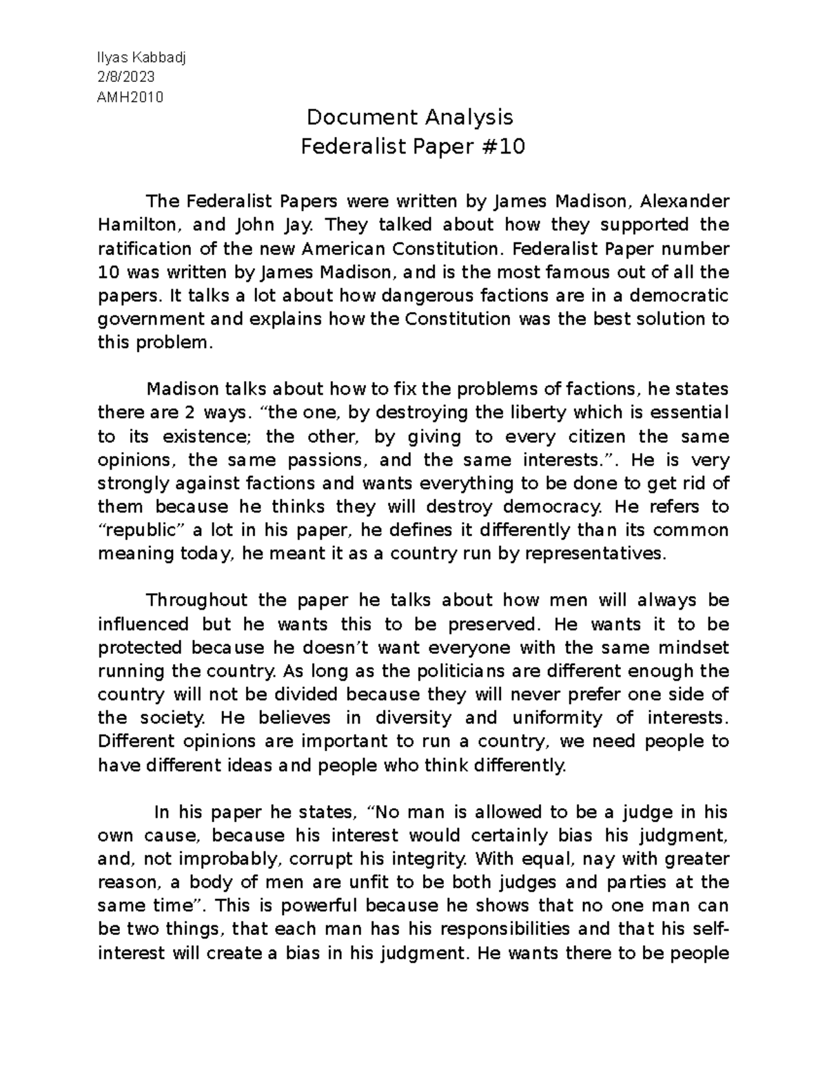 Document Analysis (Federalist Paper #10) - HIS 4150 - UCF - Studocu
