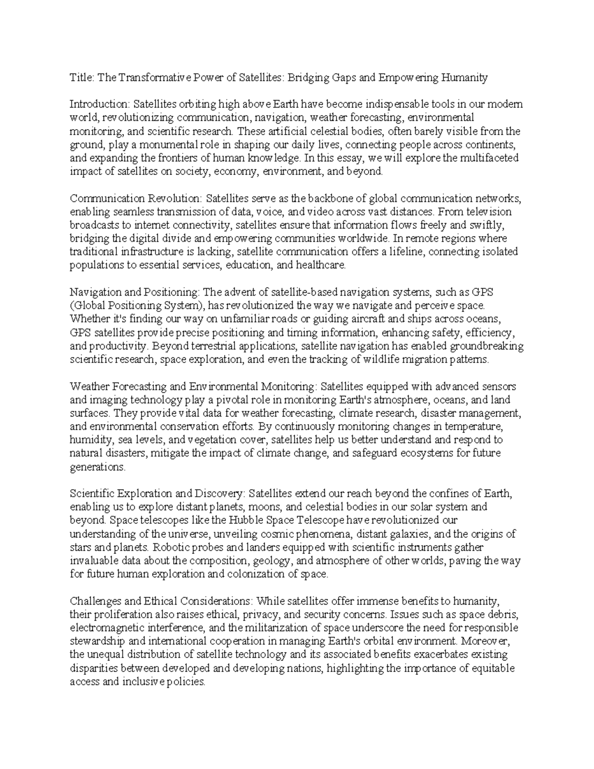 Satellite Essay - Title: The Transformative Power of Satellites ...
