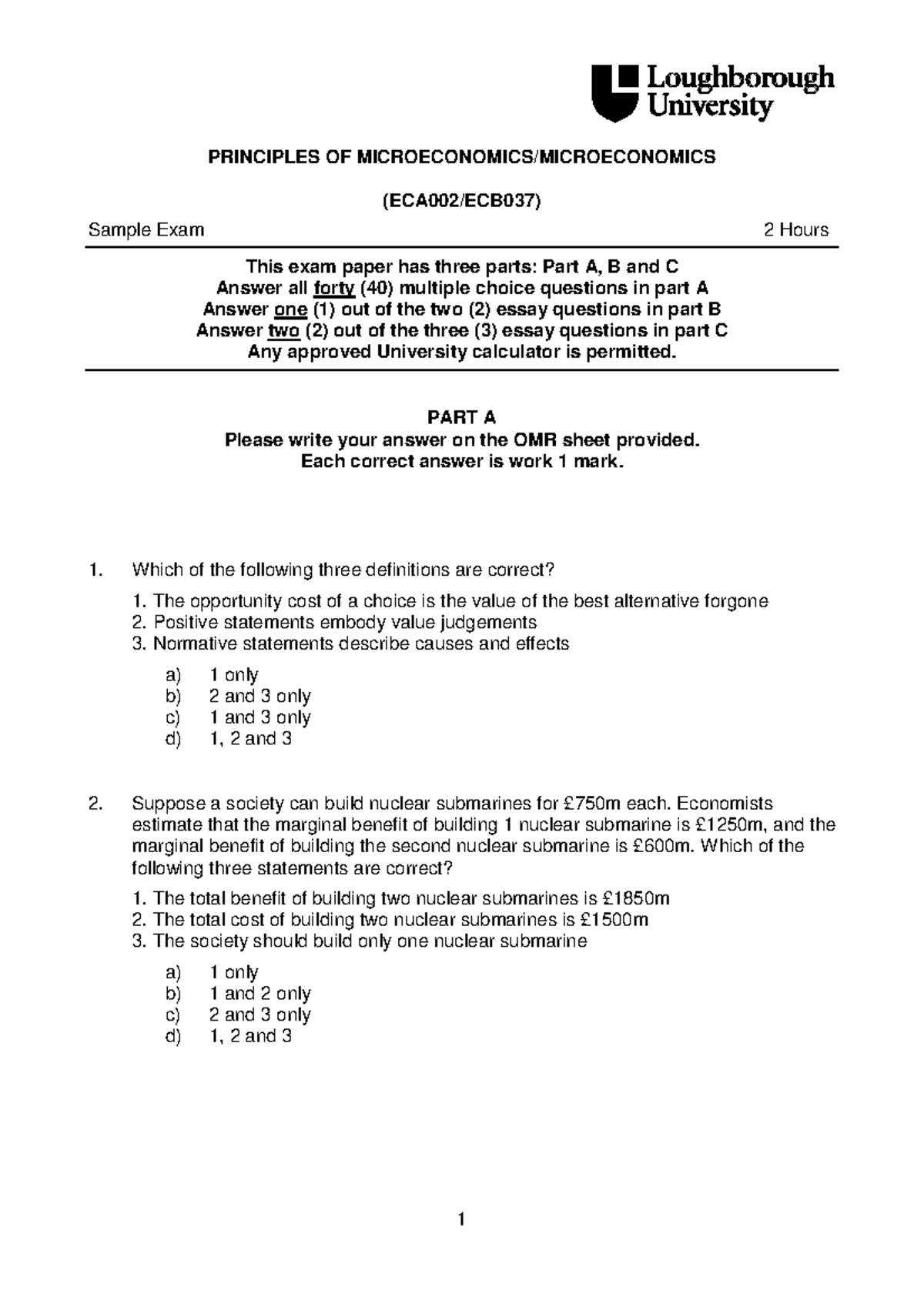 Sample paper exam - PRINCIPLES OF MICROECONOMICS/MICROECONOMICS (ECA002 ...