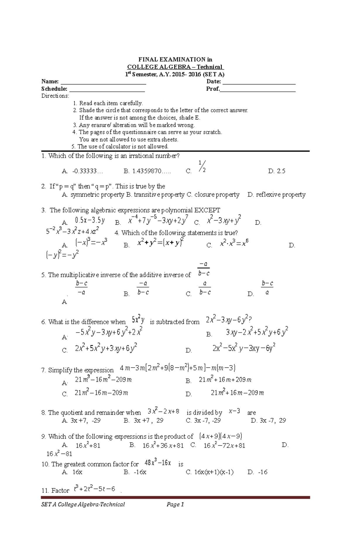 CA 2015 - set A - College Algebra - FINAL EXAMINATION in COLLEGE ...