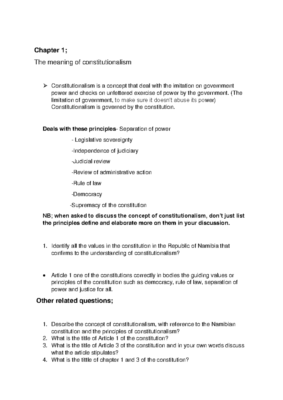 Constitutional law notes and case summaries - Chapter 1; The meaning of ...